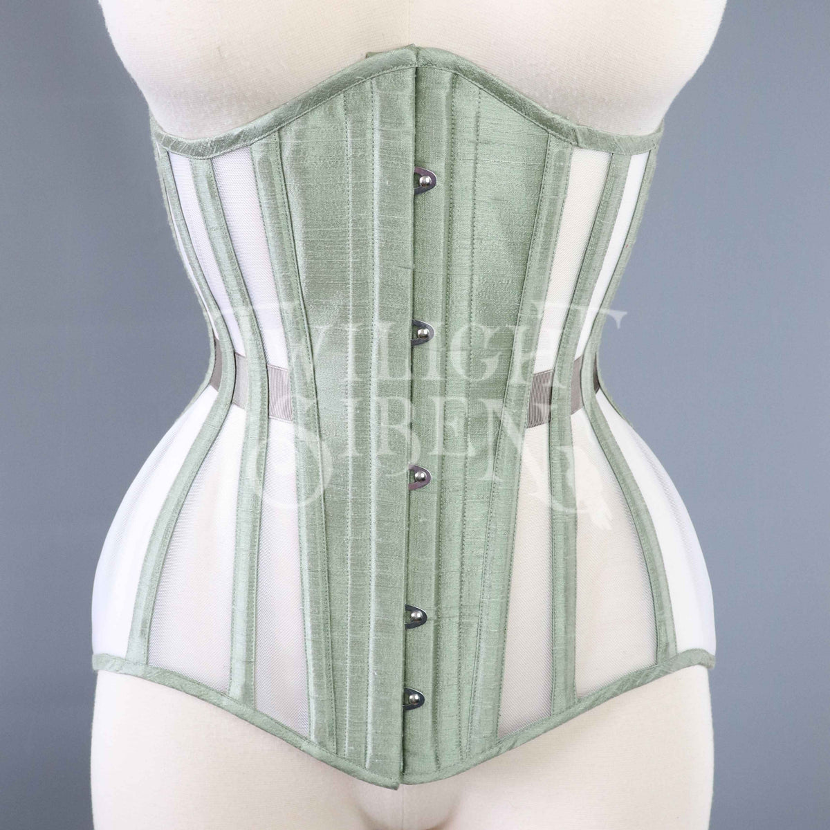 21.5 INCH SAGE GREEN SILK & MESH UNDERBUST CORSET – TWILIGHT SIREN